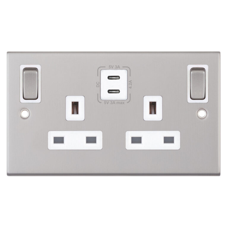 DSL168 13 Amp Socket Outlet 2 Gang Switched SP Outboard Rockers + 2 Earth Terminals, 2 x USB ...